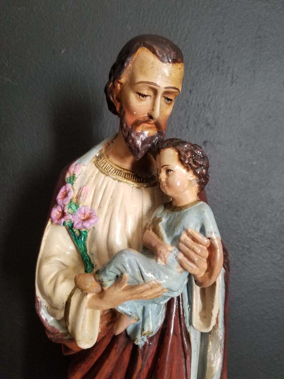 Antique St Joseph and Infant Jesus Polychrome Plaster Statue by Bacci ...