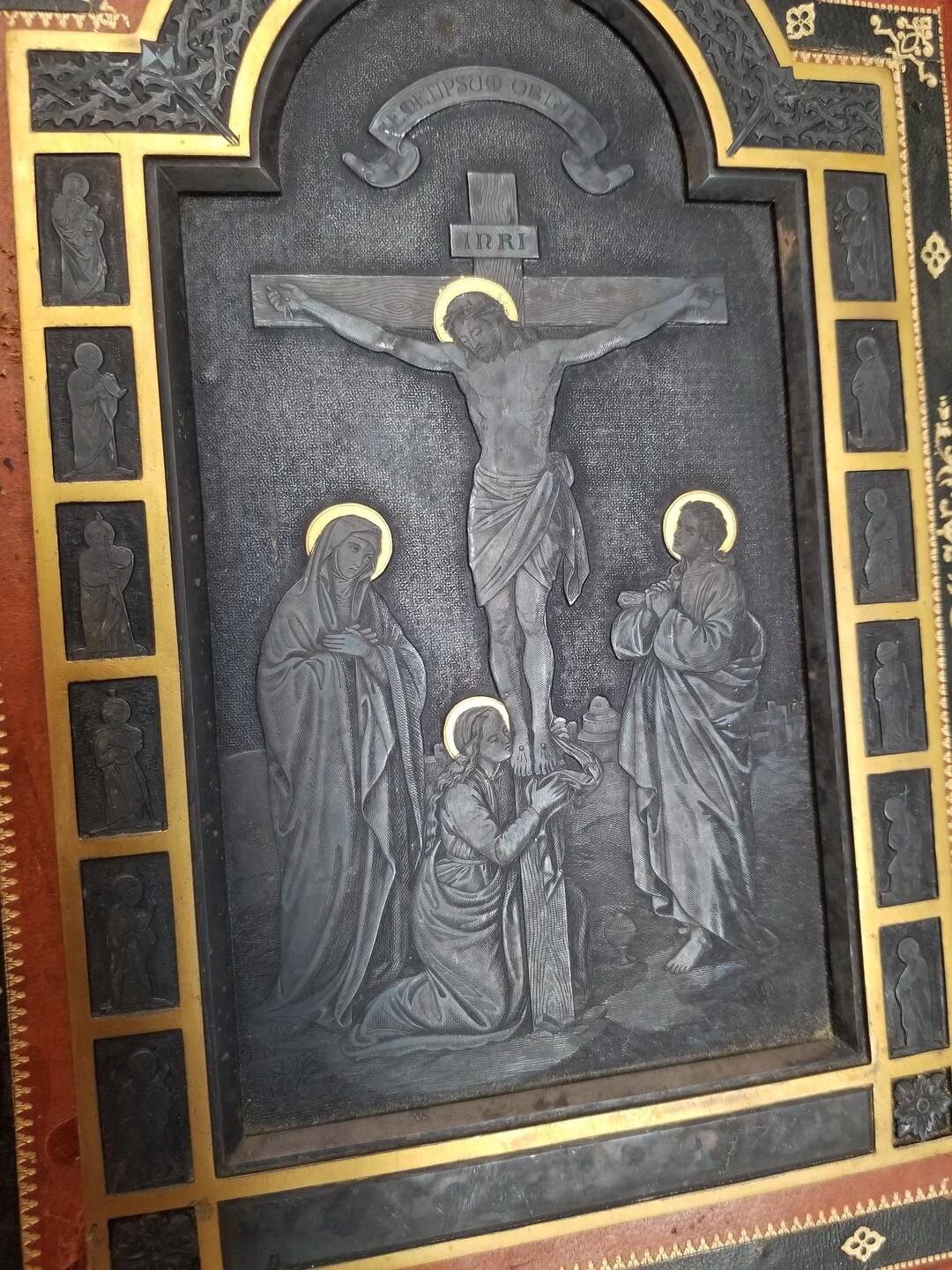 French Antique Calvary Engraved Plaque in Leather Desk Frame - Etsy