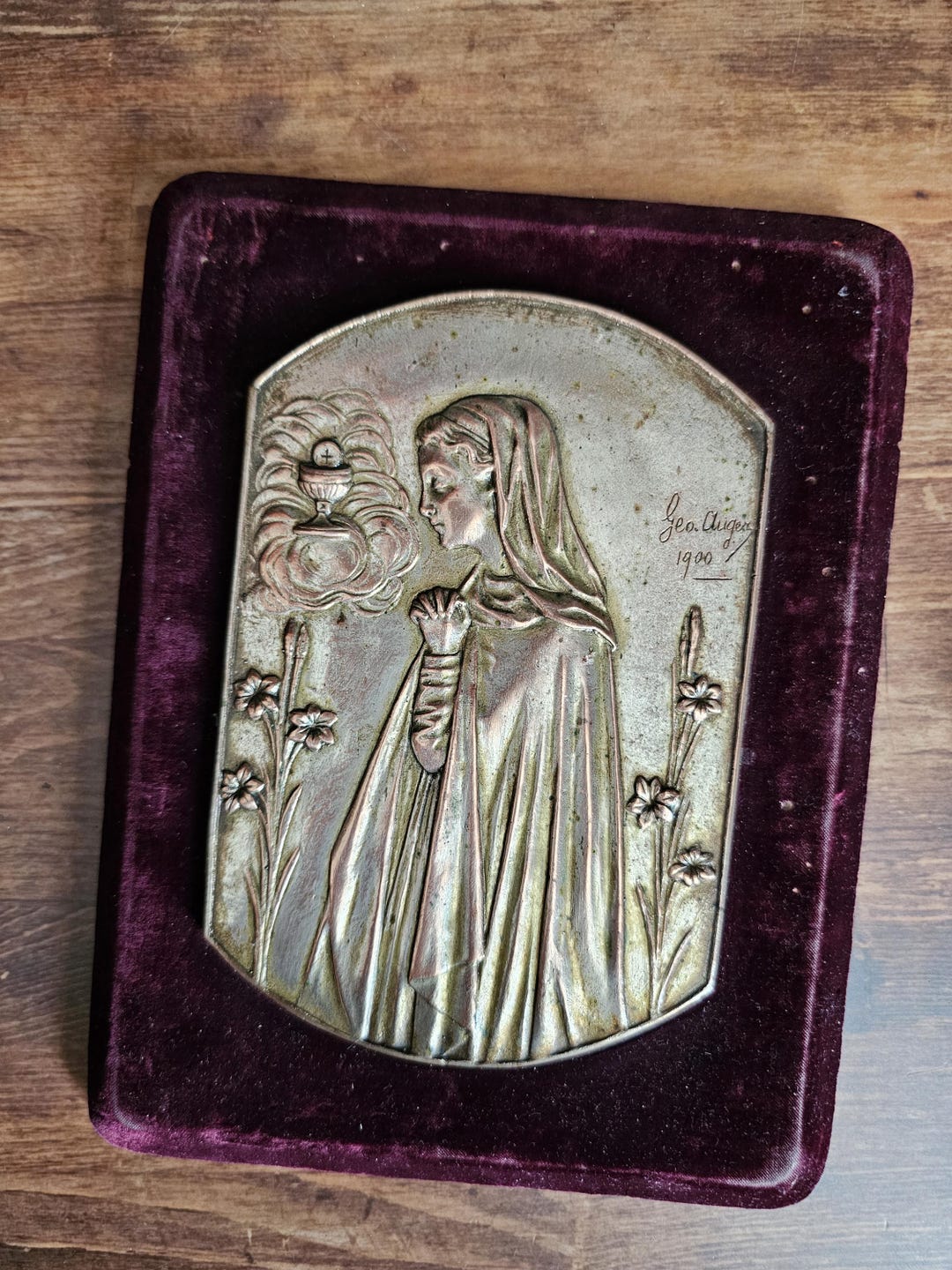 French Antique Holy Communion Plaque Signed Geo Auger on Velvet Frame ...