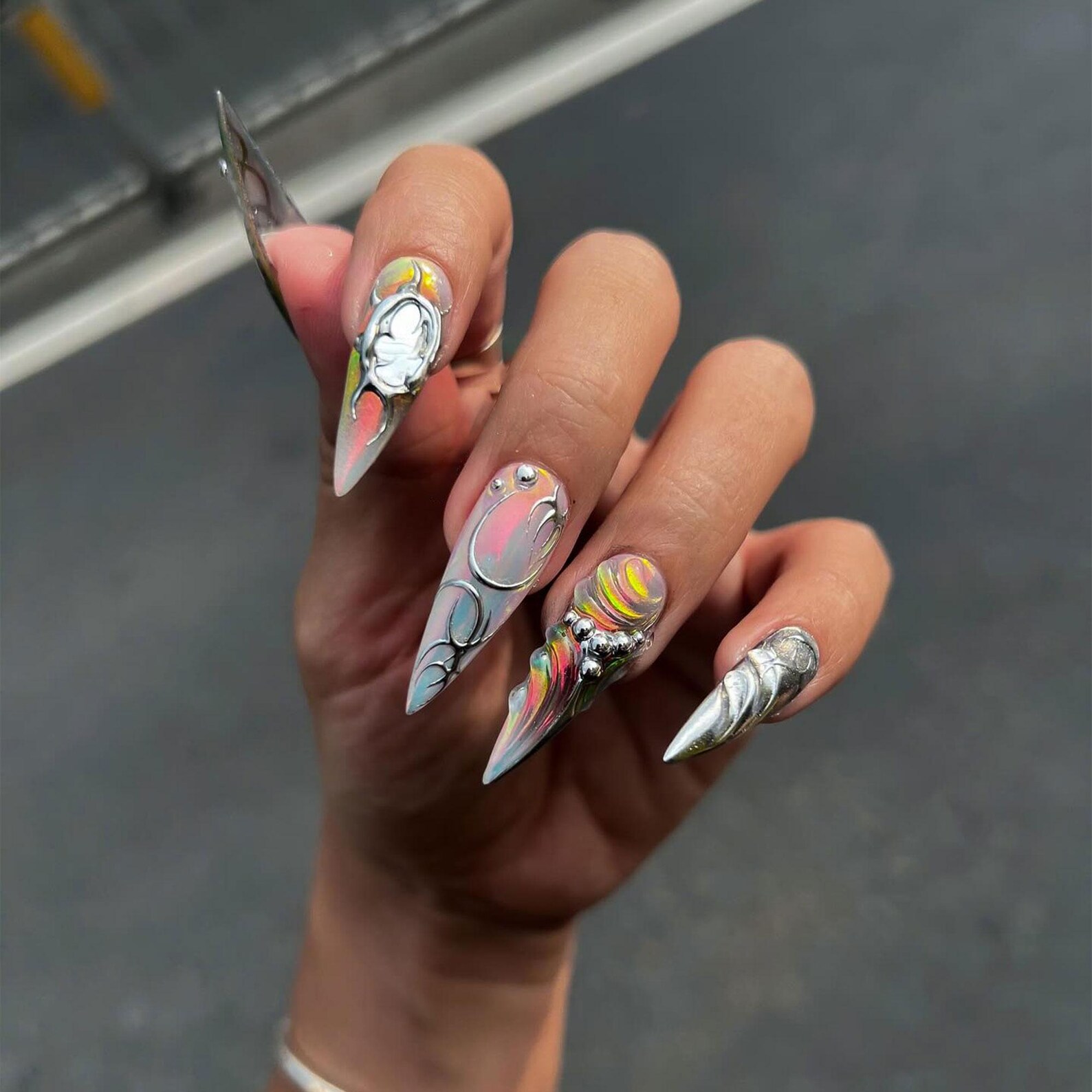 Handmade Chrome Cyber Press on Nails | 3D Abstract Metallic Swirl ...
