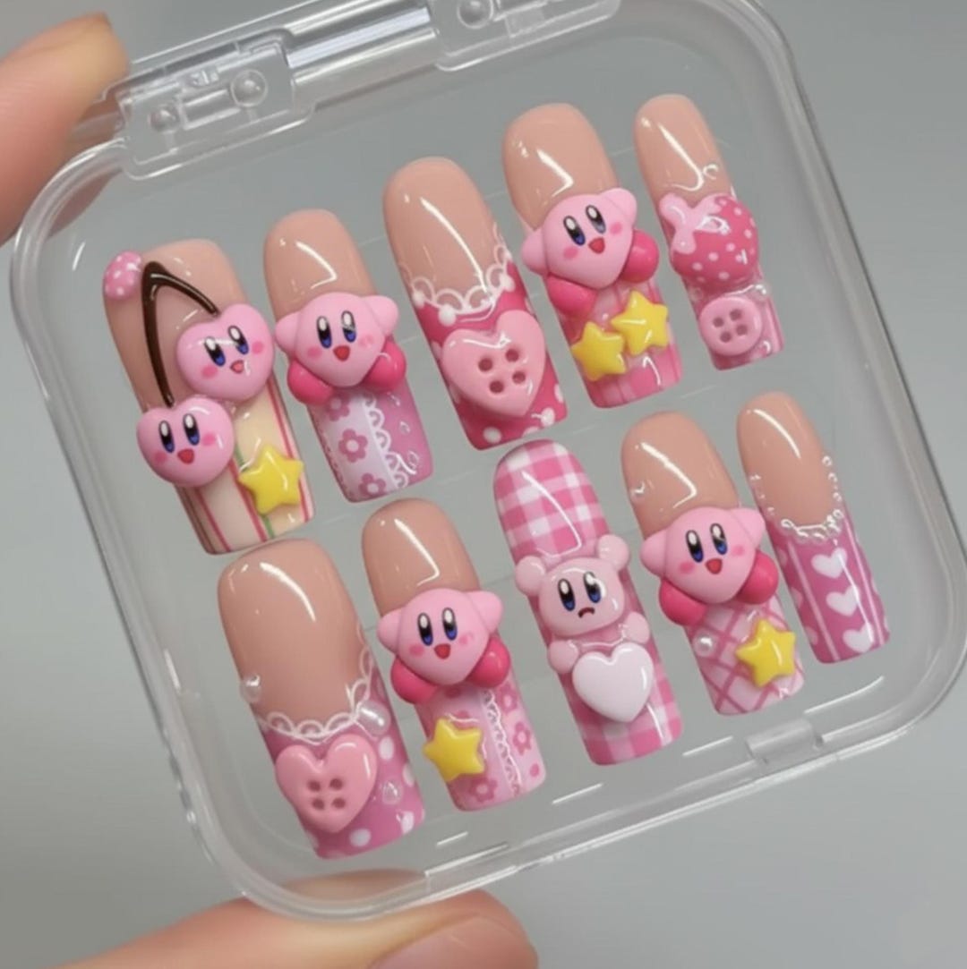 Handmade Kirby Press on Nails | 3D Kirby, Stars, Hearts, Pink Gingham ...