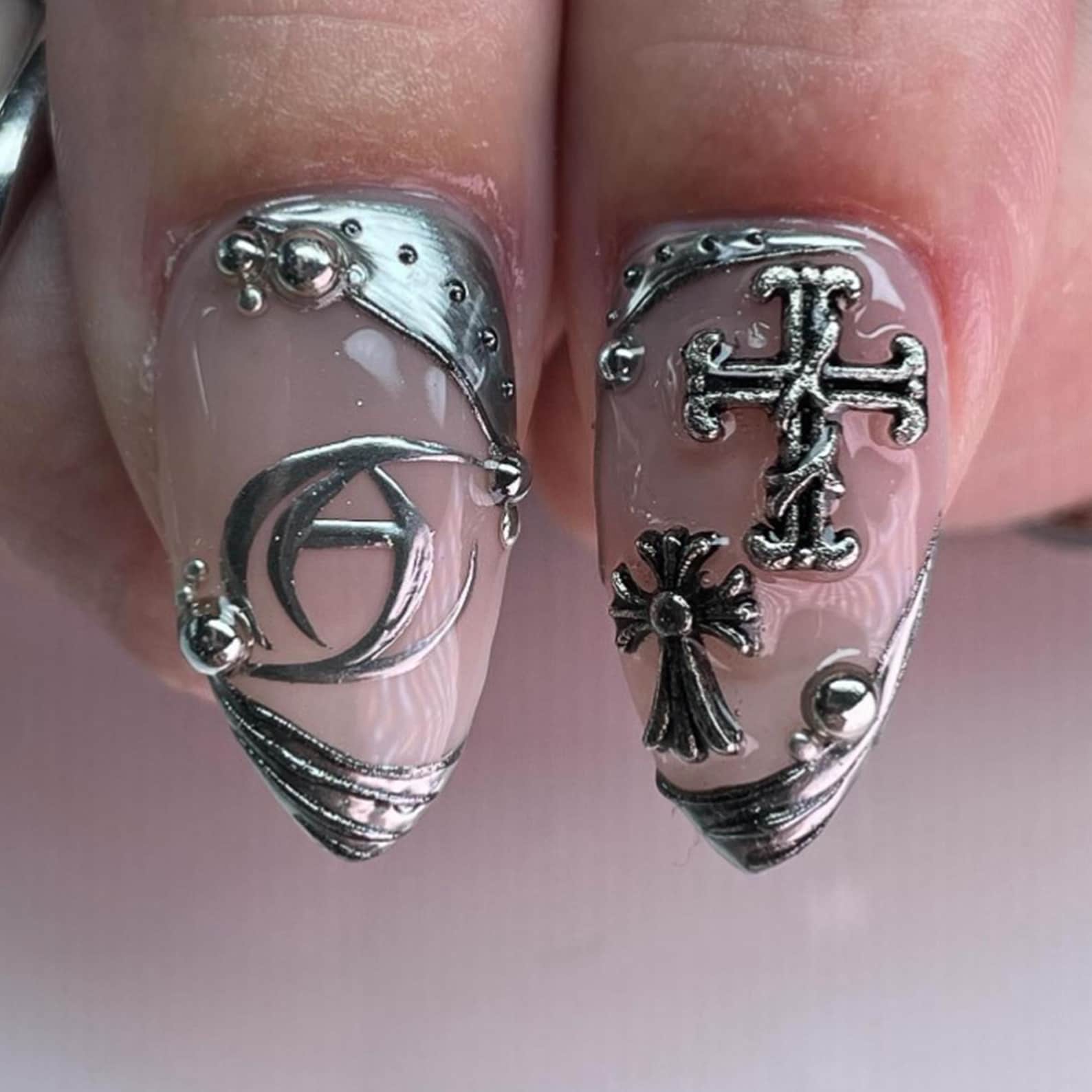 Handmade Gothic Cross Press on Nails | 3D Silver Chains, Studs ...
