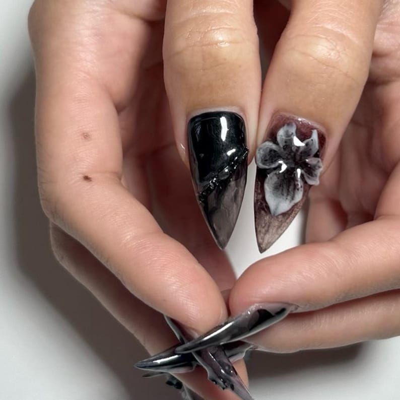 Handmade Gothic Smoke Press on Nails | 3D Dark Purple Flowers With ...