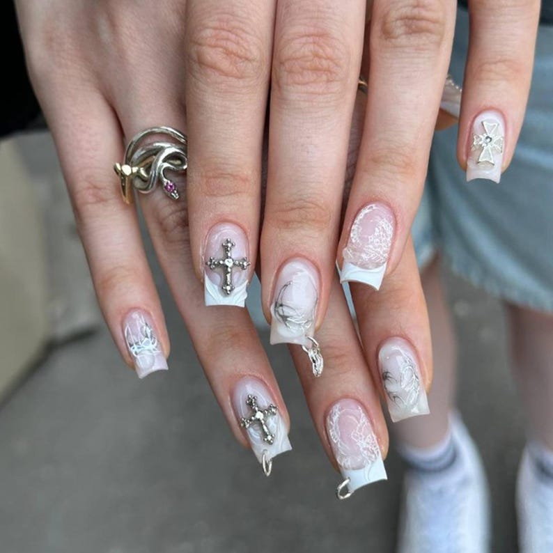 Handmade Gothic White Press on Nails | 3D Cross Charms, Lace Web Art ...