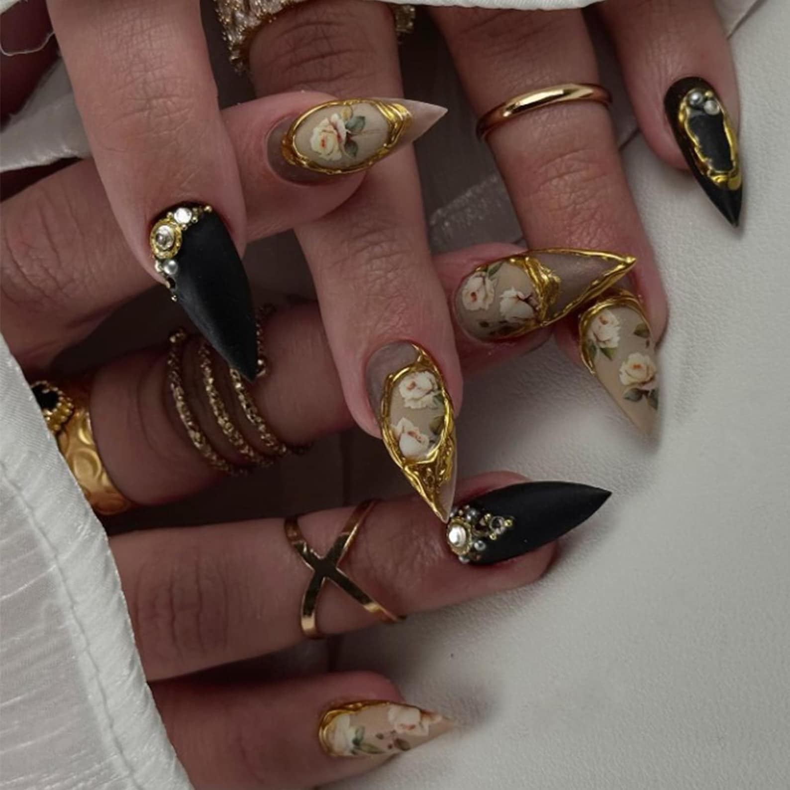 Handmade Gothic Baroque Press on Nails | Black Matte With Gold Frames ...