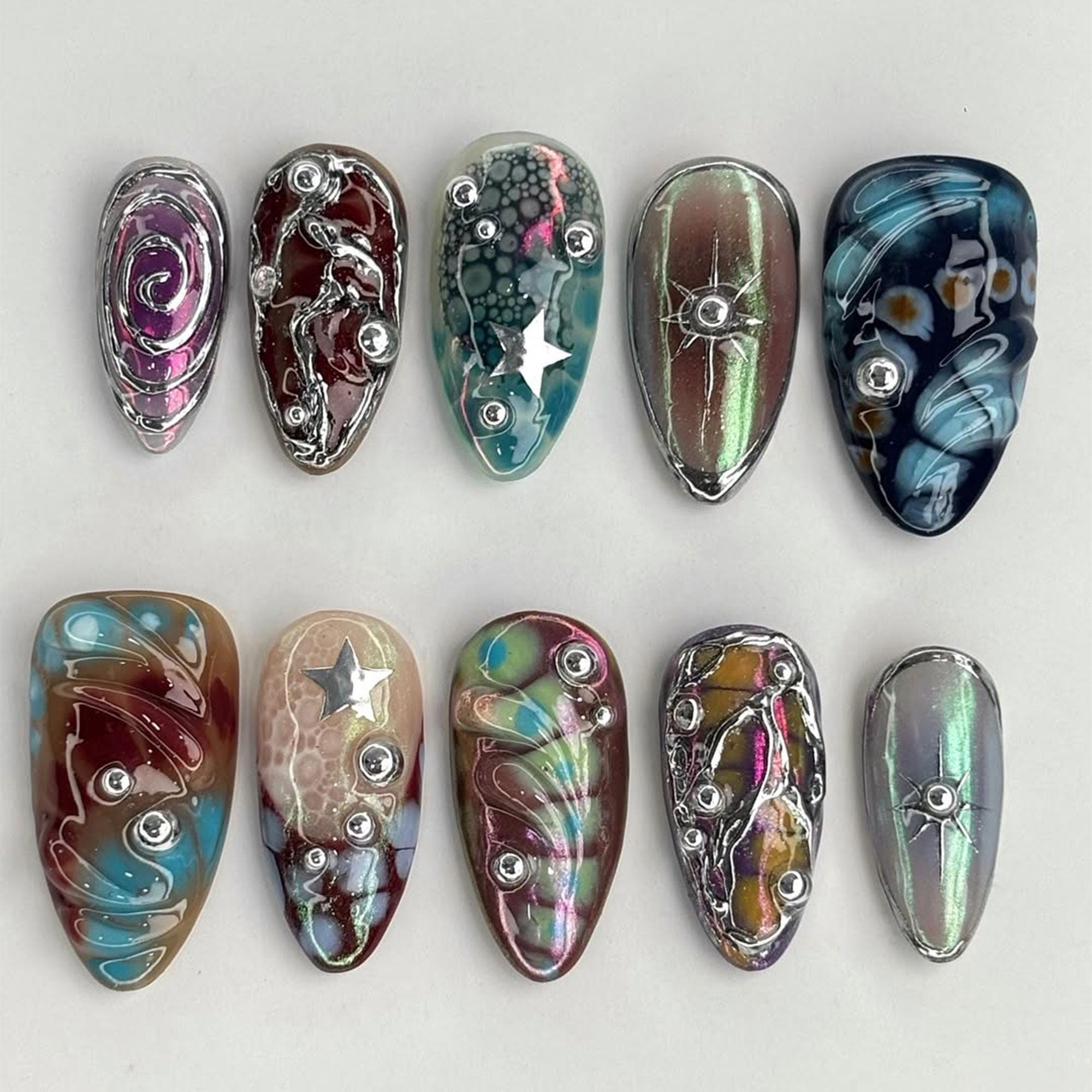 Handmade Iridescent Galaxy 3D Press-on Nails | Chrome Swirls, Silver ...