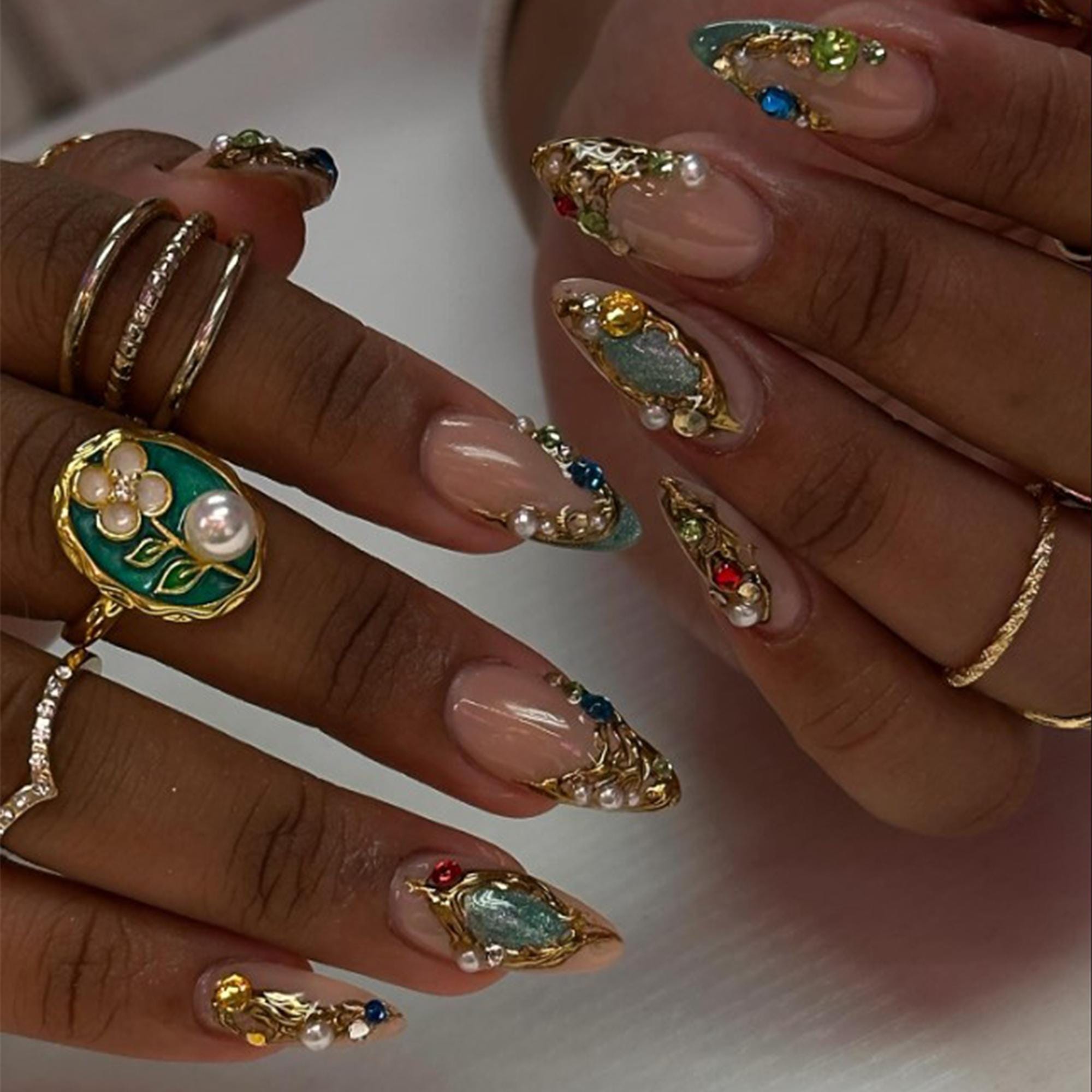 Handmade Baroque Press on Nails | Gold Frames, Gemstones & Pearls ...