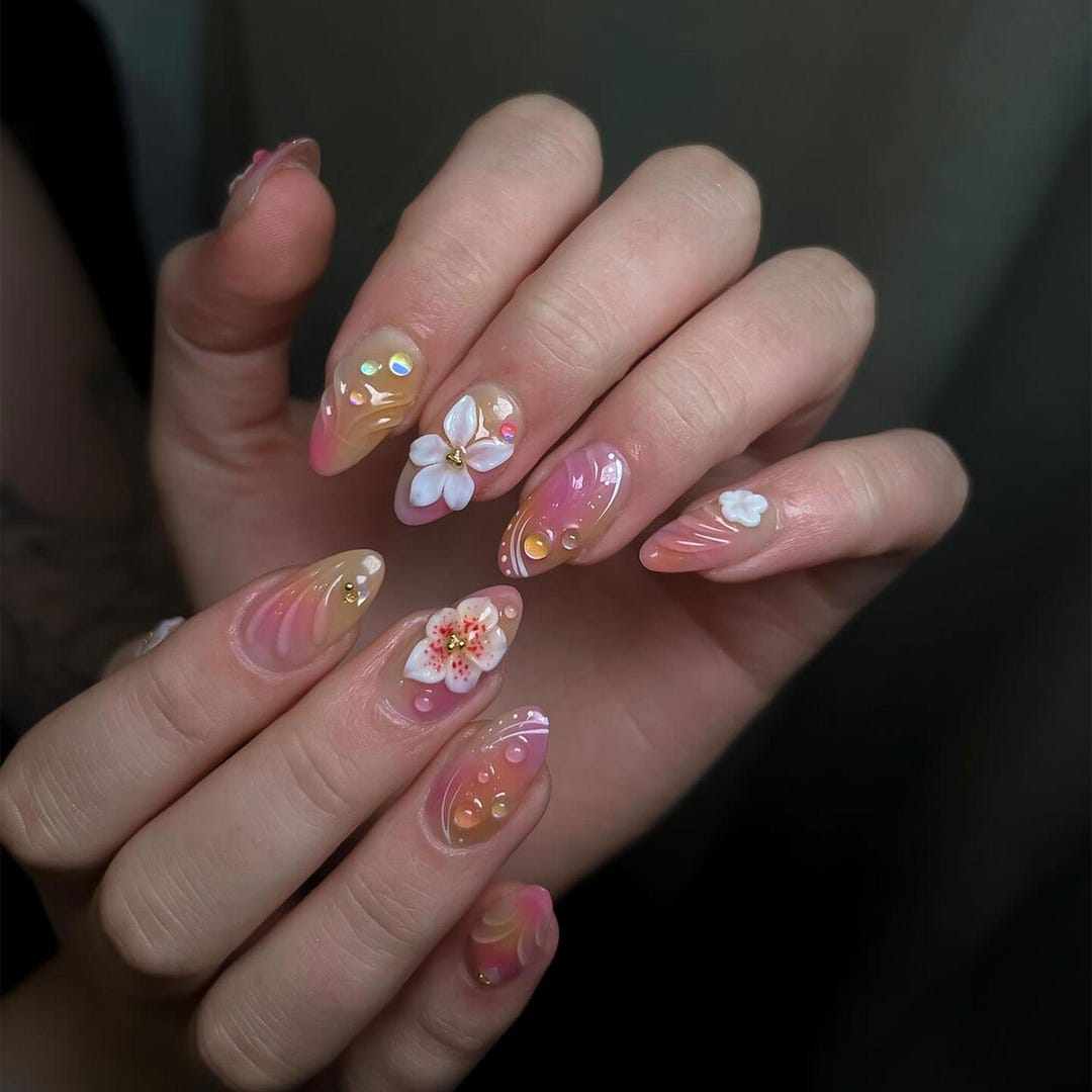Handmade Floral Jelly Press on Nails | 3D Spring Blossom & Dew Drop ...