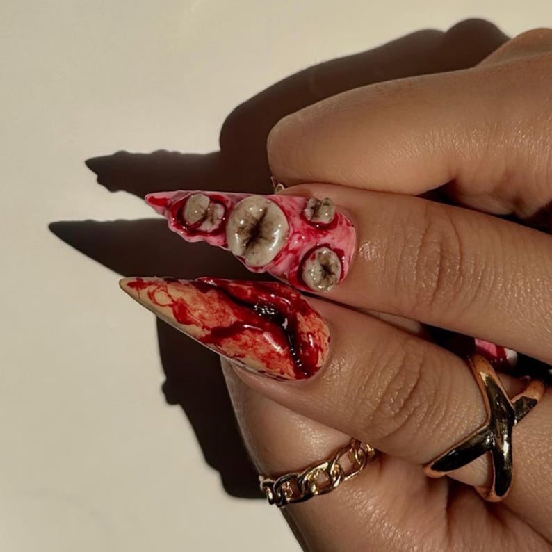 Handmade Horror Gothic Press on Nails | 3D Brain Swirls, Teeth & Bloody ...