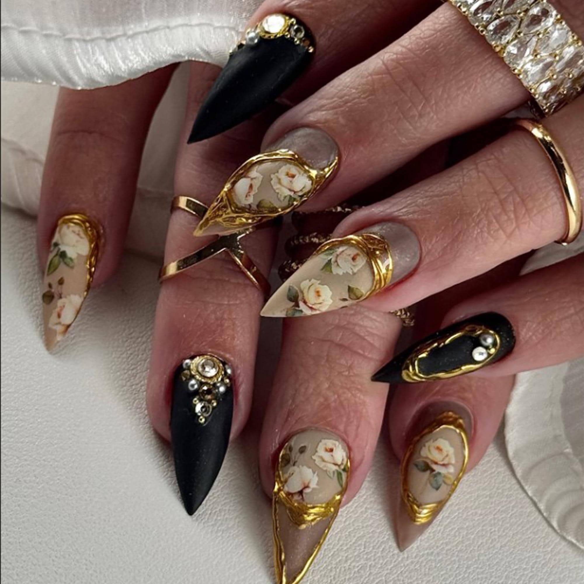 Handmade Gothic Baroque Press on Nails | Black Matte With Gold Frames ...
