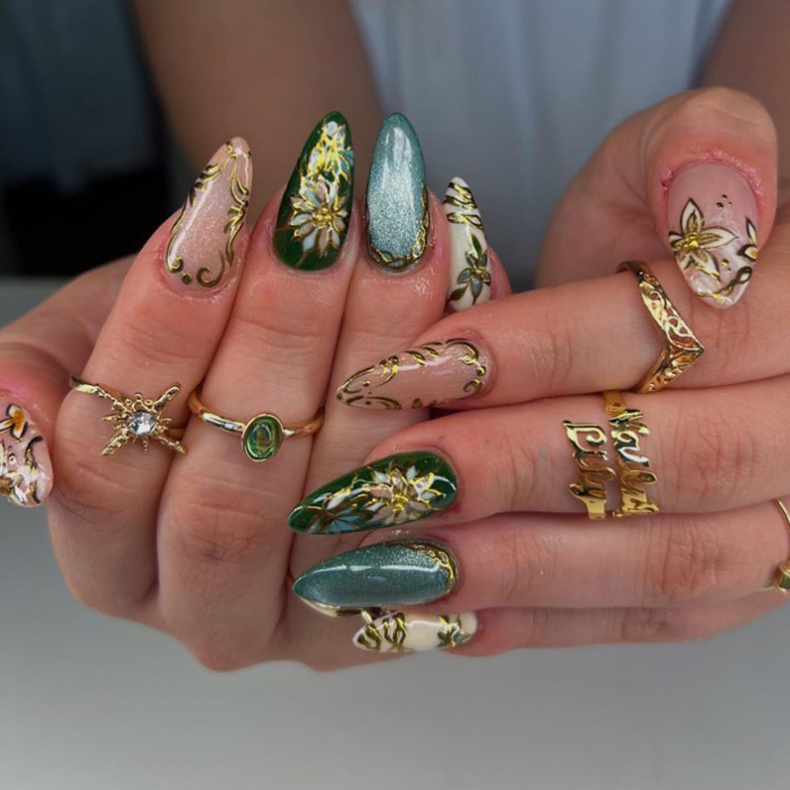 Handmade Baroque Garden Press on Nails | Gold Scrolls, 3D White Lily ...