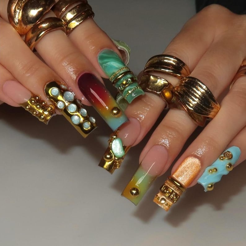 Luxury Egyptian Gold Press on Nails | Maximalist 3D Gold Jewelry Nail ...