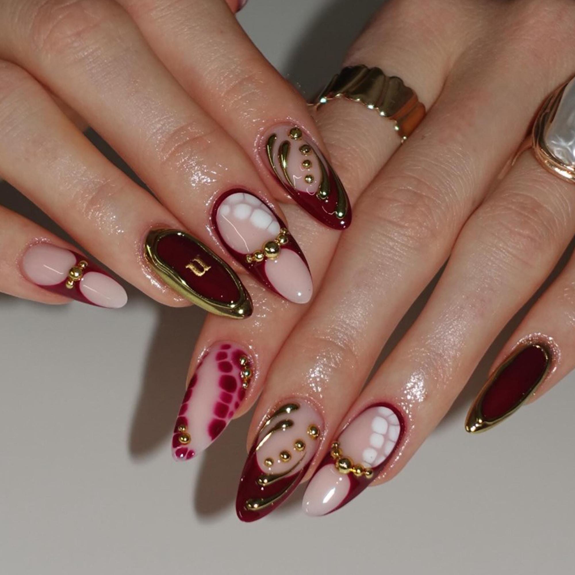 Handmade Luxury Vintage Baroque Press on Nails | Burgundy Gold Frames ...
