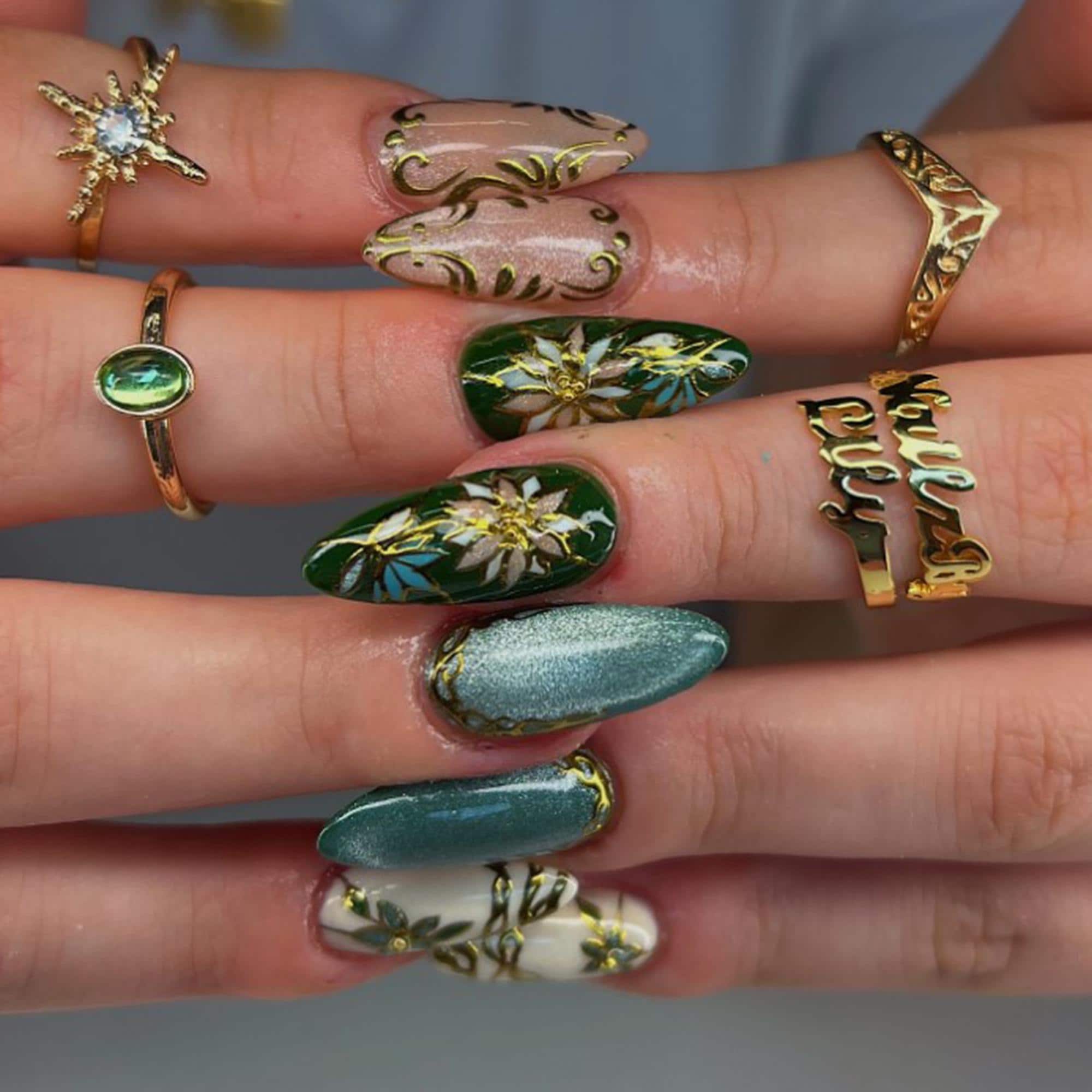 Handmade Baroque Garden Press on Nails | Gold Scrolls, 3D White Lily ...