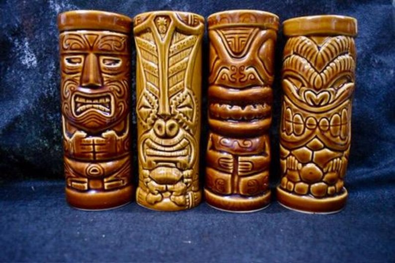 Set of 4 Tiki Farm Ceramic Collins Glasses (2003) – Retro Polynesian ...
