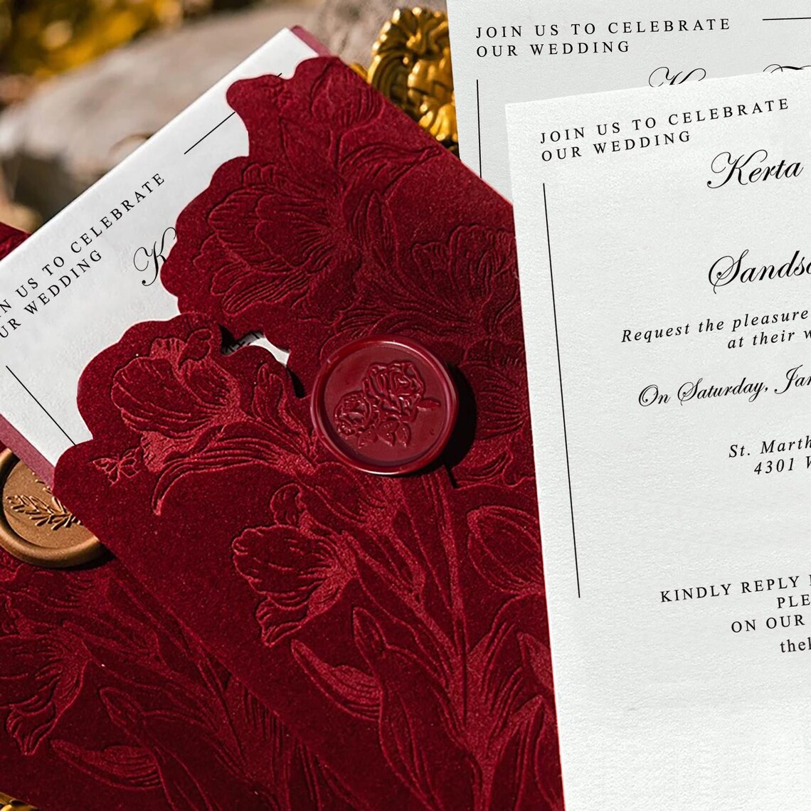 Burgundy Velvet Wedding Invitations: Elegant Velvet Covers, QR Code ...