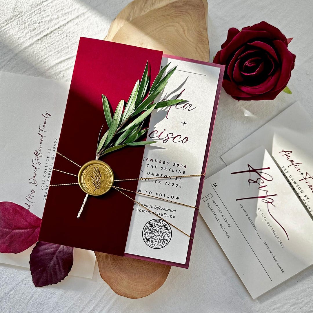 Burgundy Velvet Wedding Invitations: QR Code Invites, Customized Wax ...