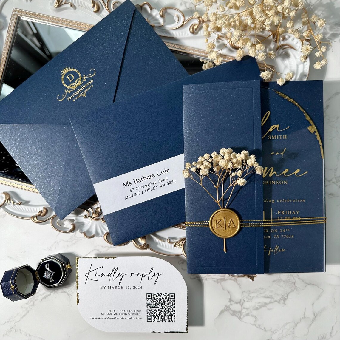 Gold & Navy Arch Acrylic Wedding Invitation: Botanical Wax Seal - Etsy