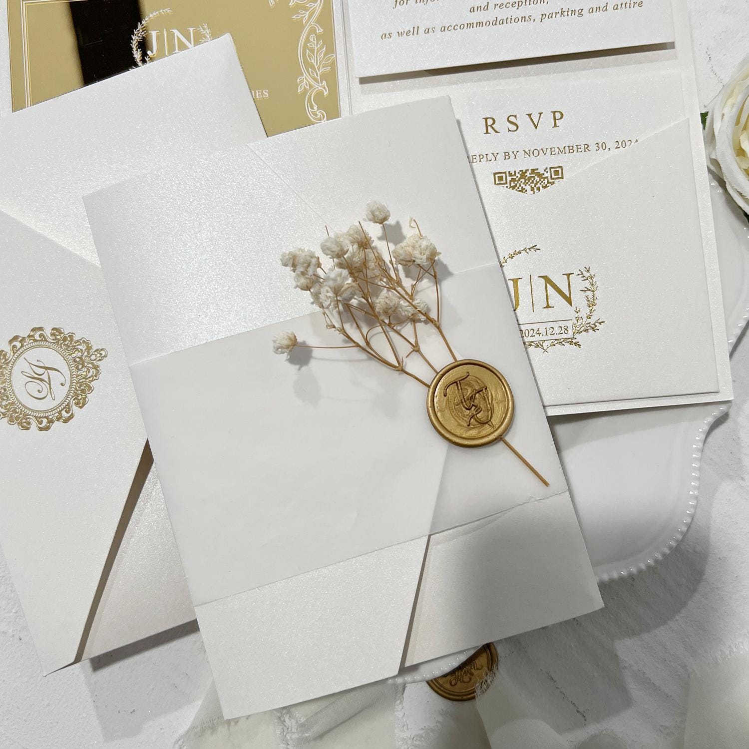 Gold Mirror Acrylic Tri-fold Wedding Invitation Set: Gold Wax Seal ...