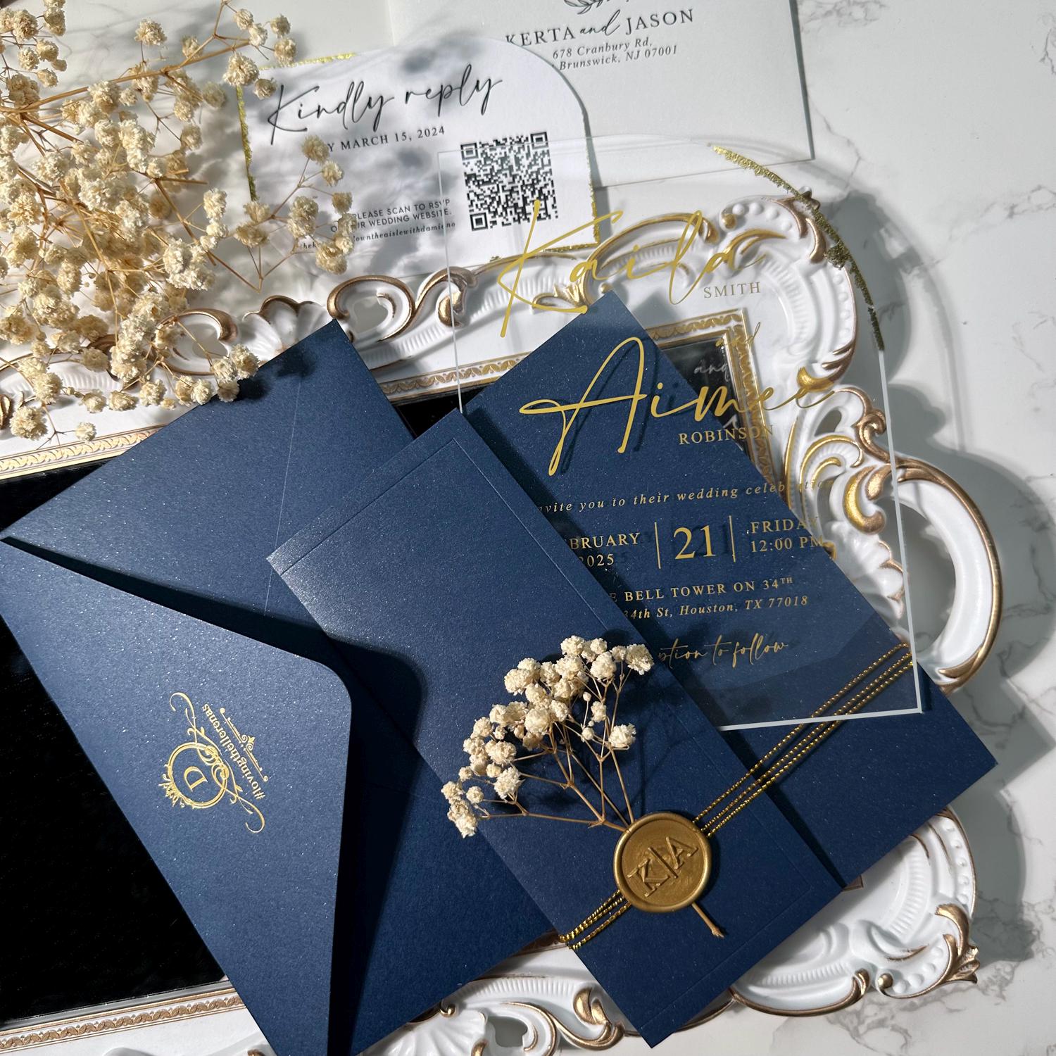 Gold & Navy Arch Acrylic Wedding Invitation: Botanical Wax Seal - Etsy