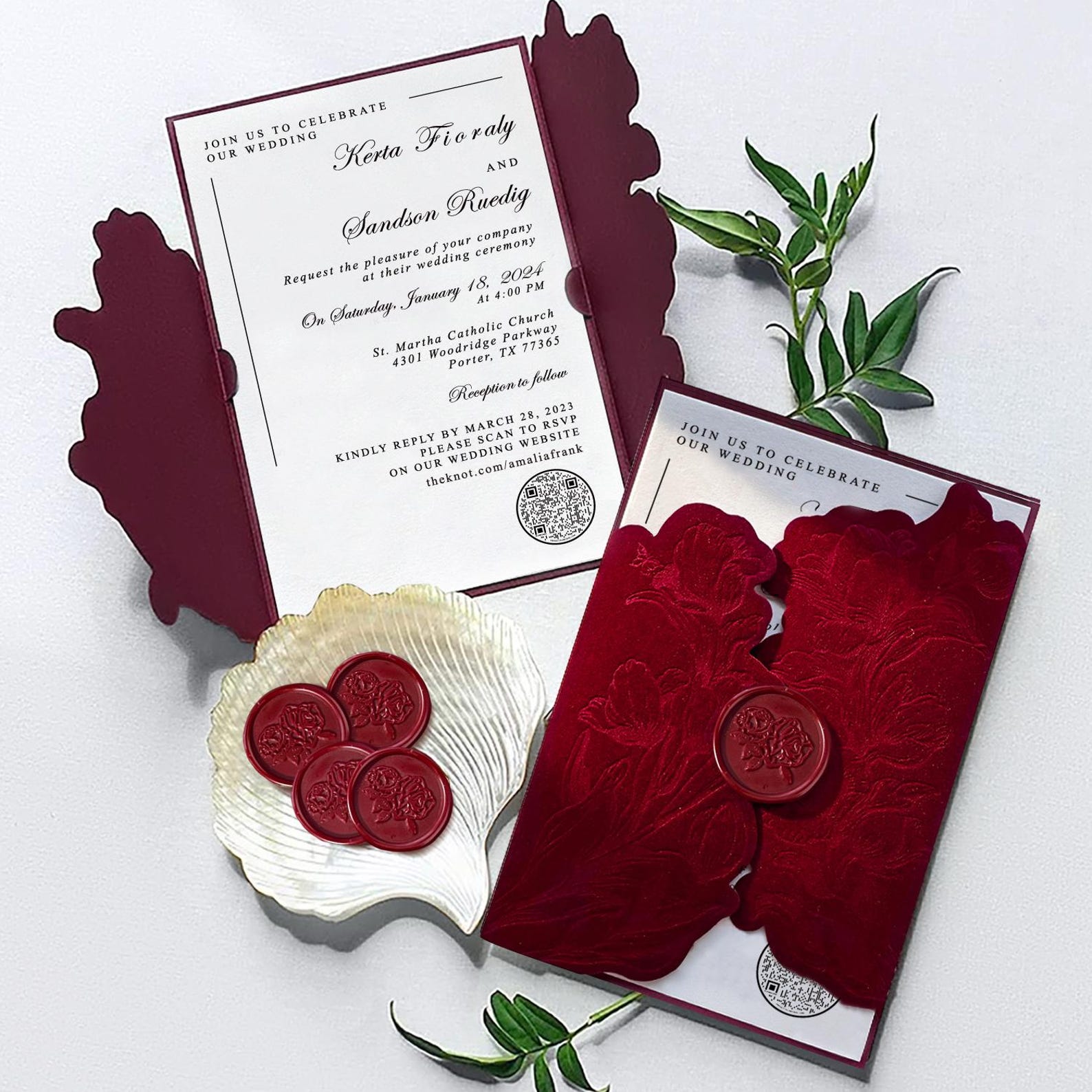 Burgundy Velvet Wedding Invitations: Elegant Velvet Covers, QR Code ...