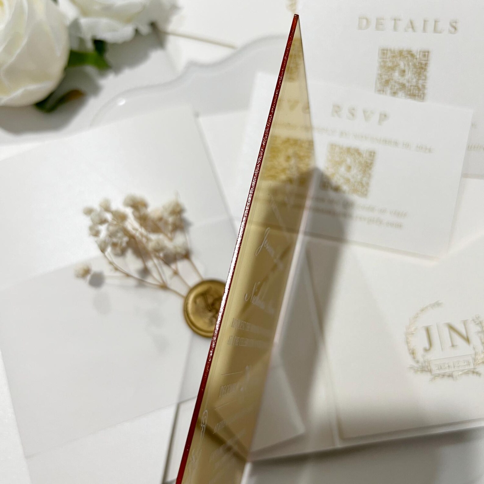 Gold Mirror Acrylic Tri-fold Wedding Invitation Set: Gold Wax Seal ...