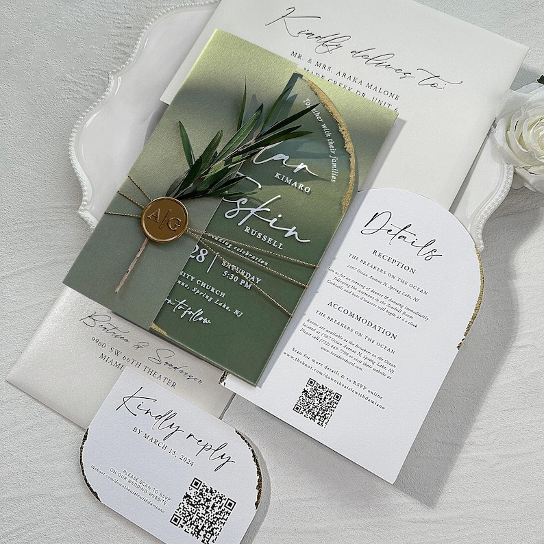 Sage Green Clear Arched Acrylic Wedding Invitations With Wax Seals ...