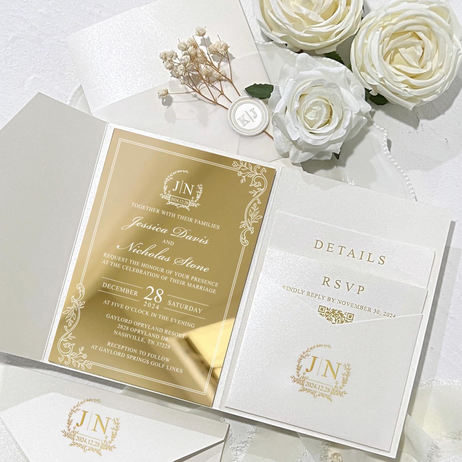 Luxury Gold Mirror Wedding Invitation Set, Gold Foil Pocket Invites ...