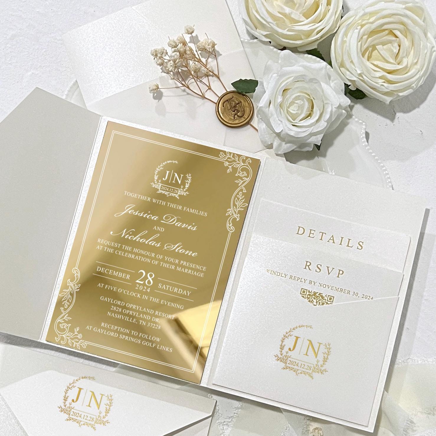 Gold Mirror Acrylic Tri-fold Wedding Invitation Set: Gold Wax Seal ...