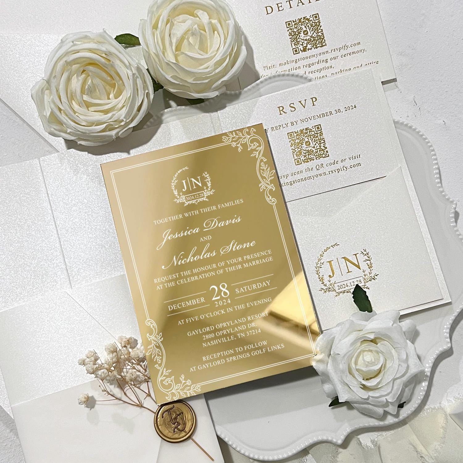 Gold Mirror Acrylic Tri-fold Wedding Invitation Set: Gold Wax Seal ...
