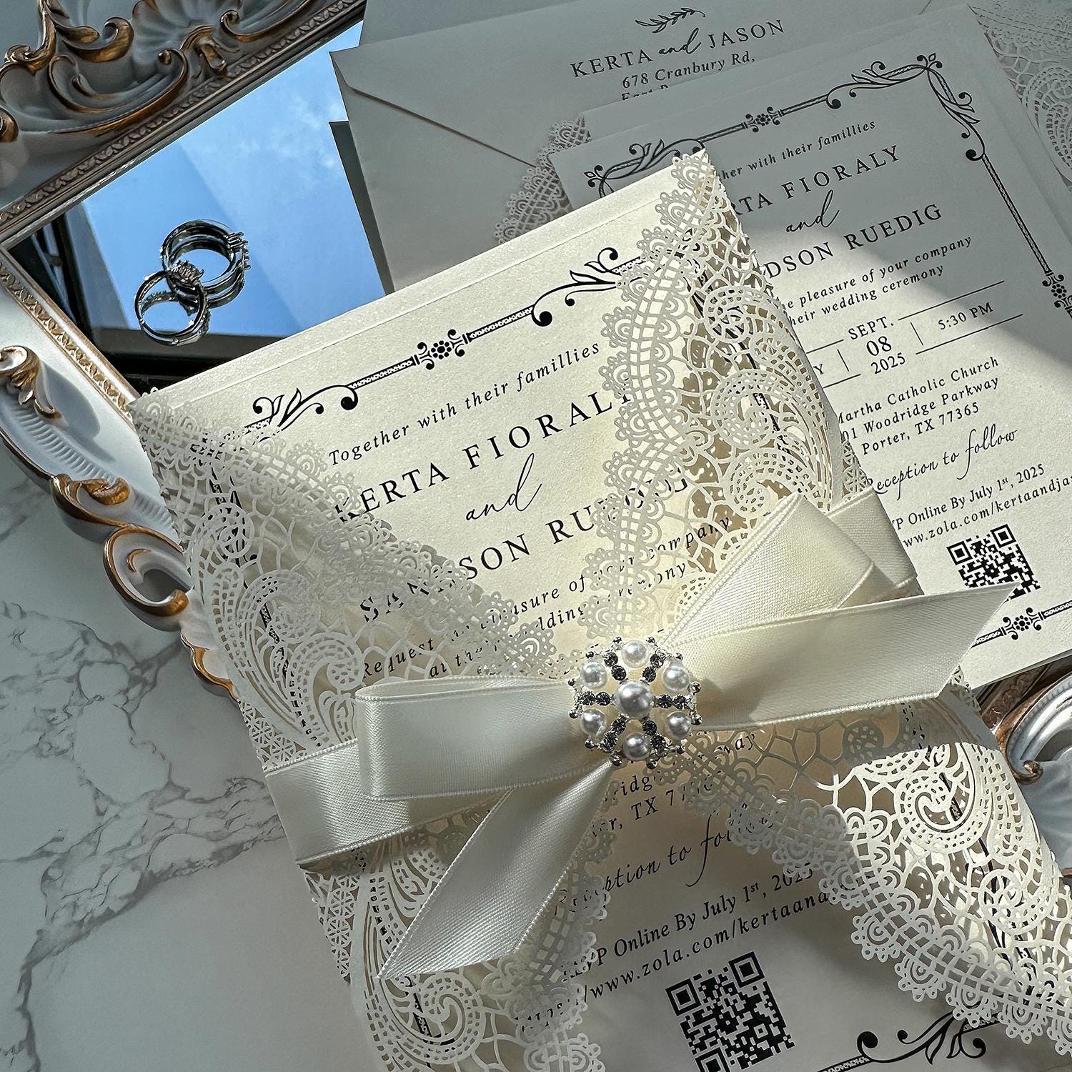 Pearl White Lace Wedding Invitations: Laser Cut, Diamante Brooch - Etsy