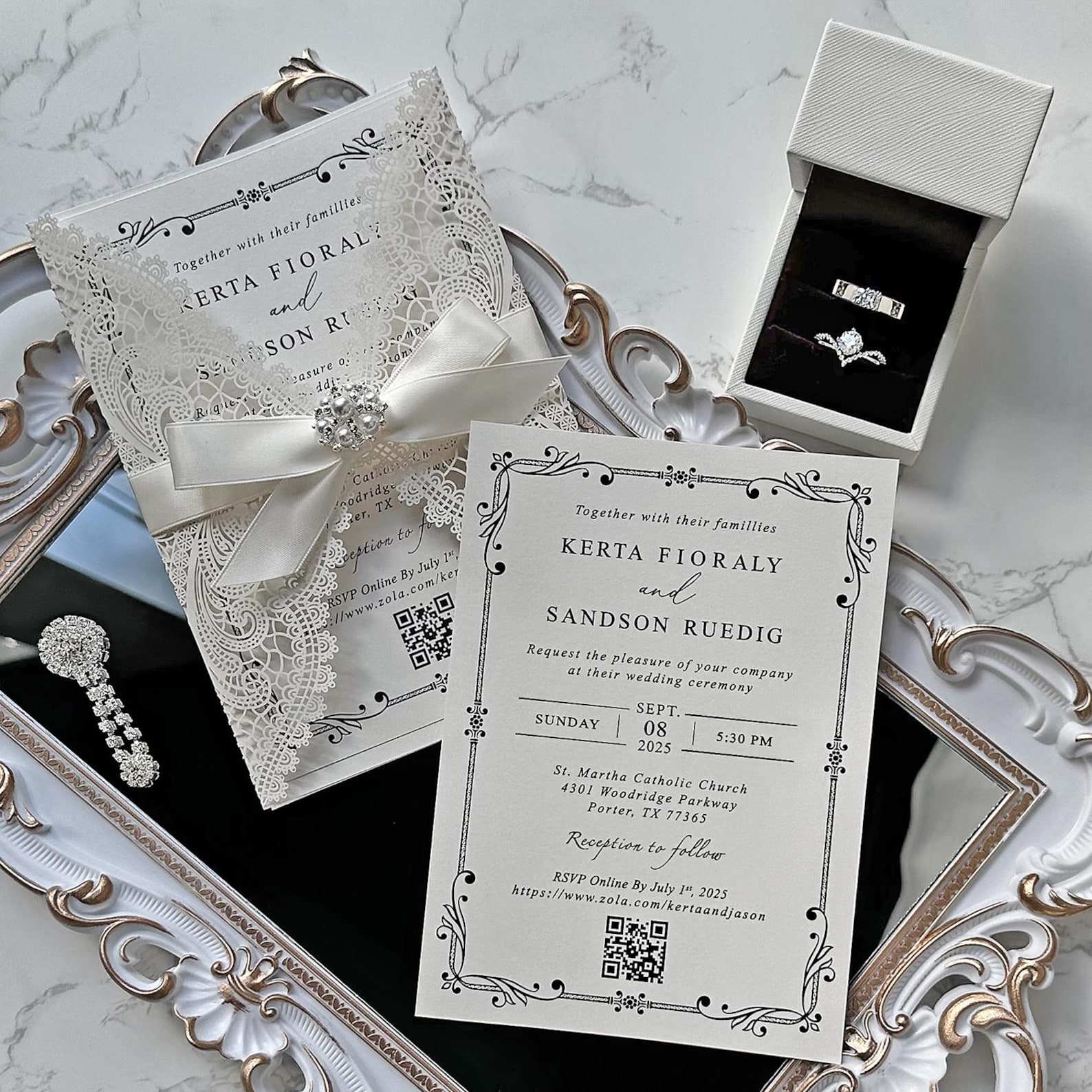 Pearl White Lace Wedding Invitations: Laser Cut, Diamante Brooch - Etsy