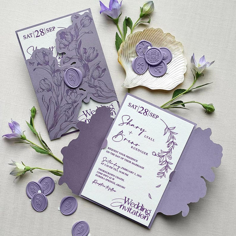 Elegant Lavender Floral Wedding Invitation, Romantic Purple Gravure ...