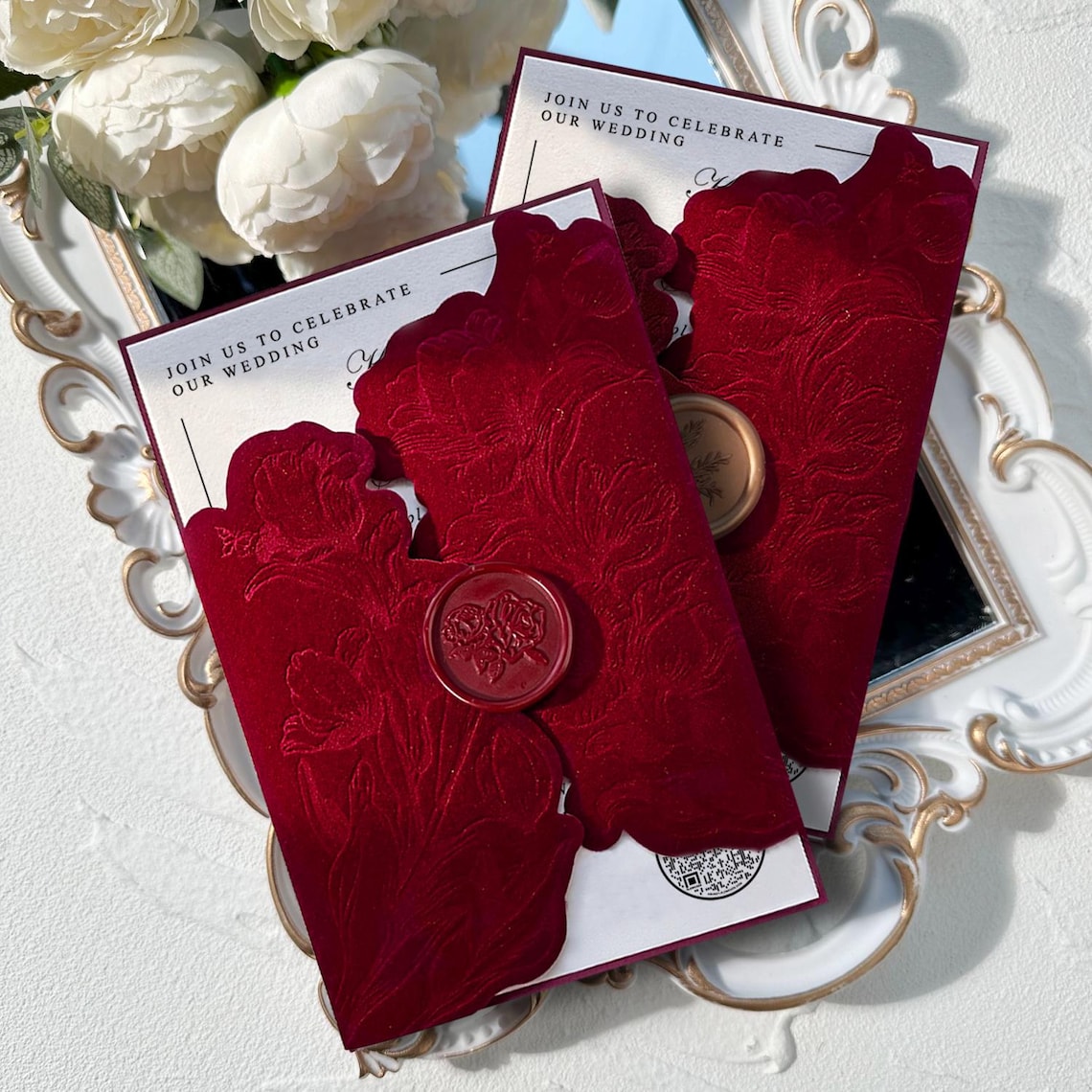 Burgundy Velvet Wedding Invitations: Elegant Velvet Covers, QR Code ...