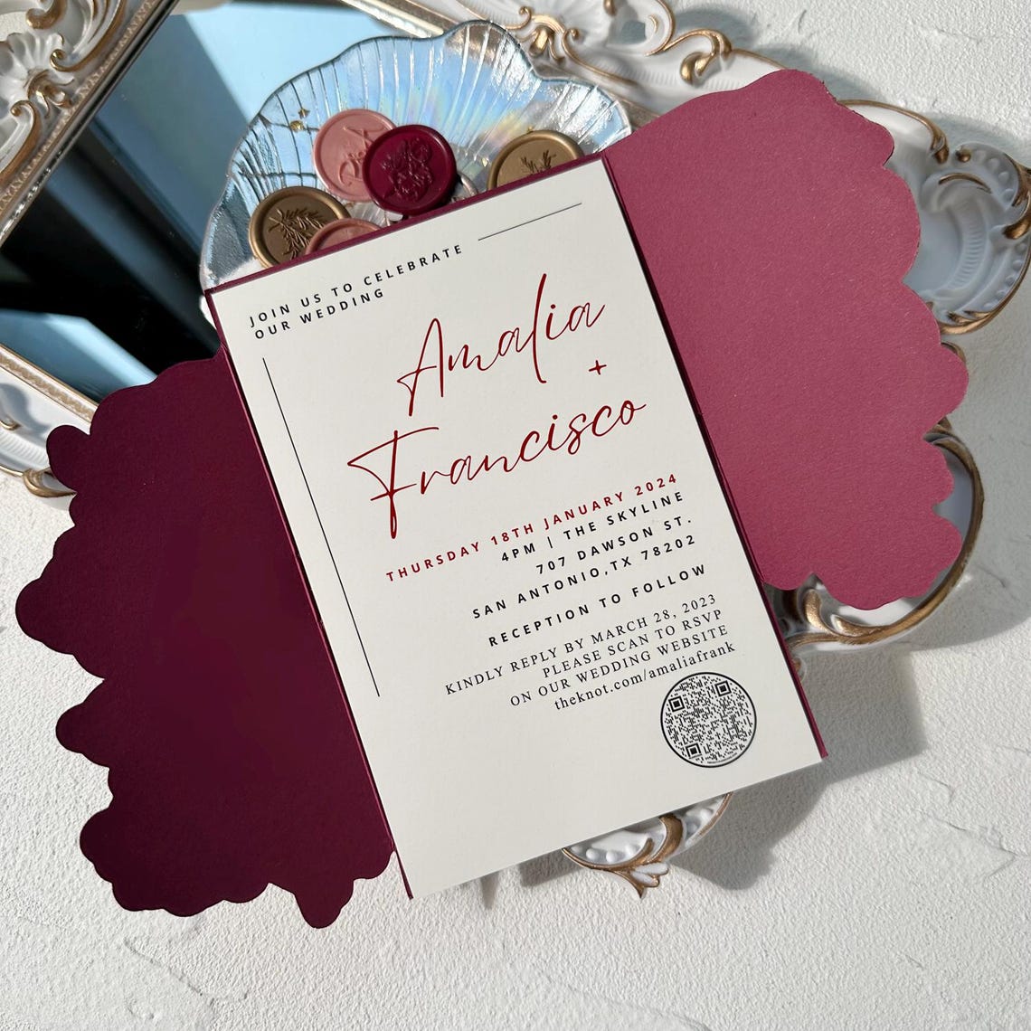 Burgundy Velvet Wedding Invitations: Elegant Velvet Covers, QR Code ...