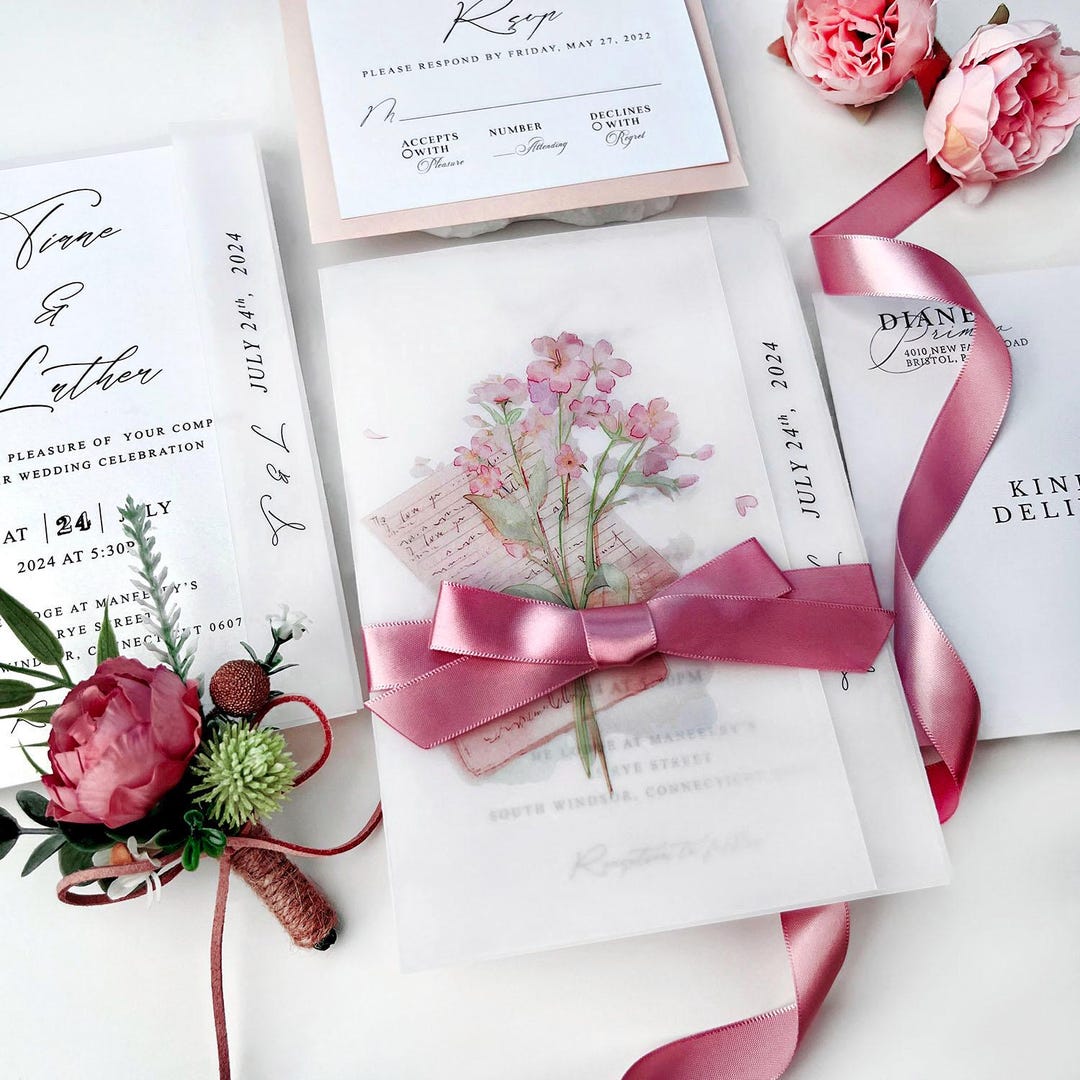 Pink Floral Vellum Wedding Invitation: Printed Flower Vellum Wrap ...