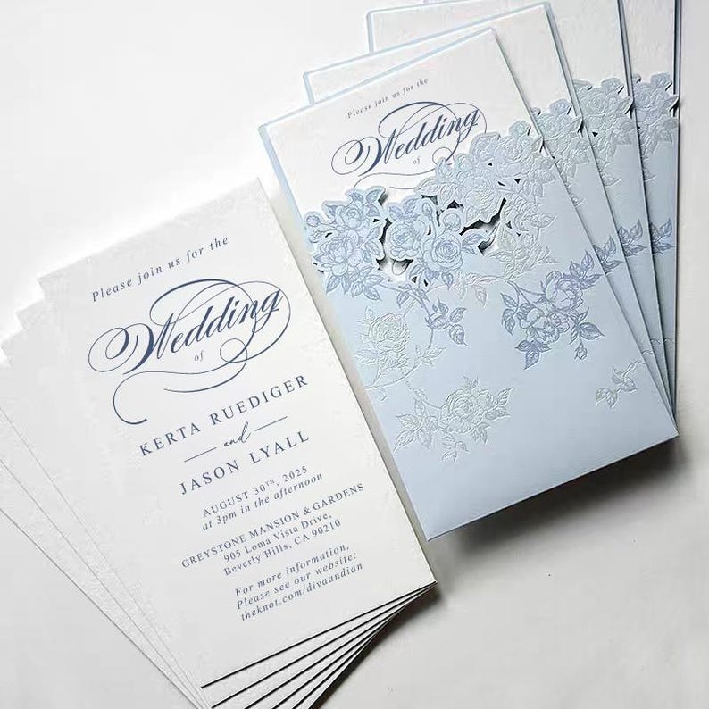 Pastel Blue Wedding Invitation: Laser Cut Floral Pocket, Customized - Etsy