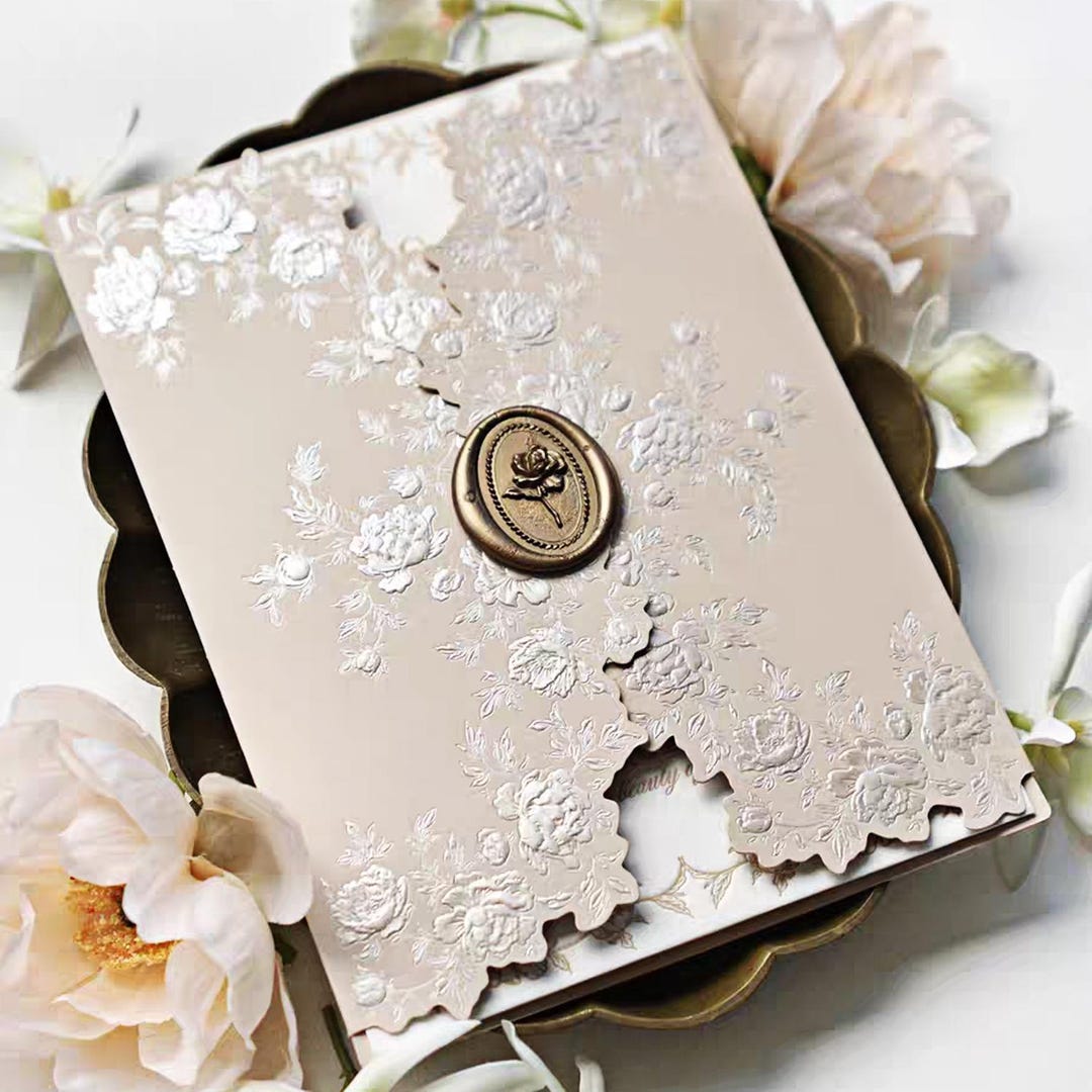 Embossed Pale Pink Floral Wedding Invitation: Gold Wax Seal, Customized ...