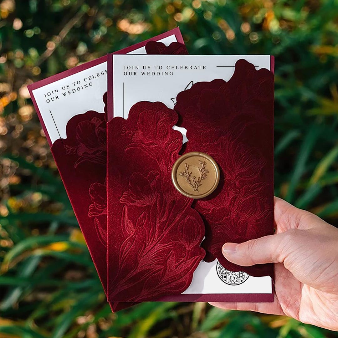 Burgundy Velvet Wedding Invitation: Gold Wax Seal, QR Code - Etsy