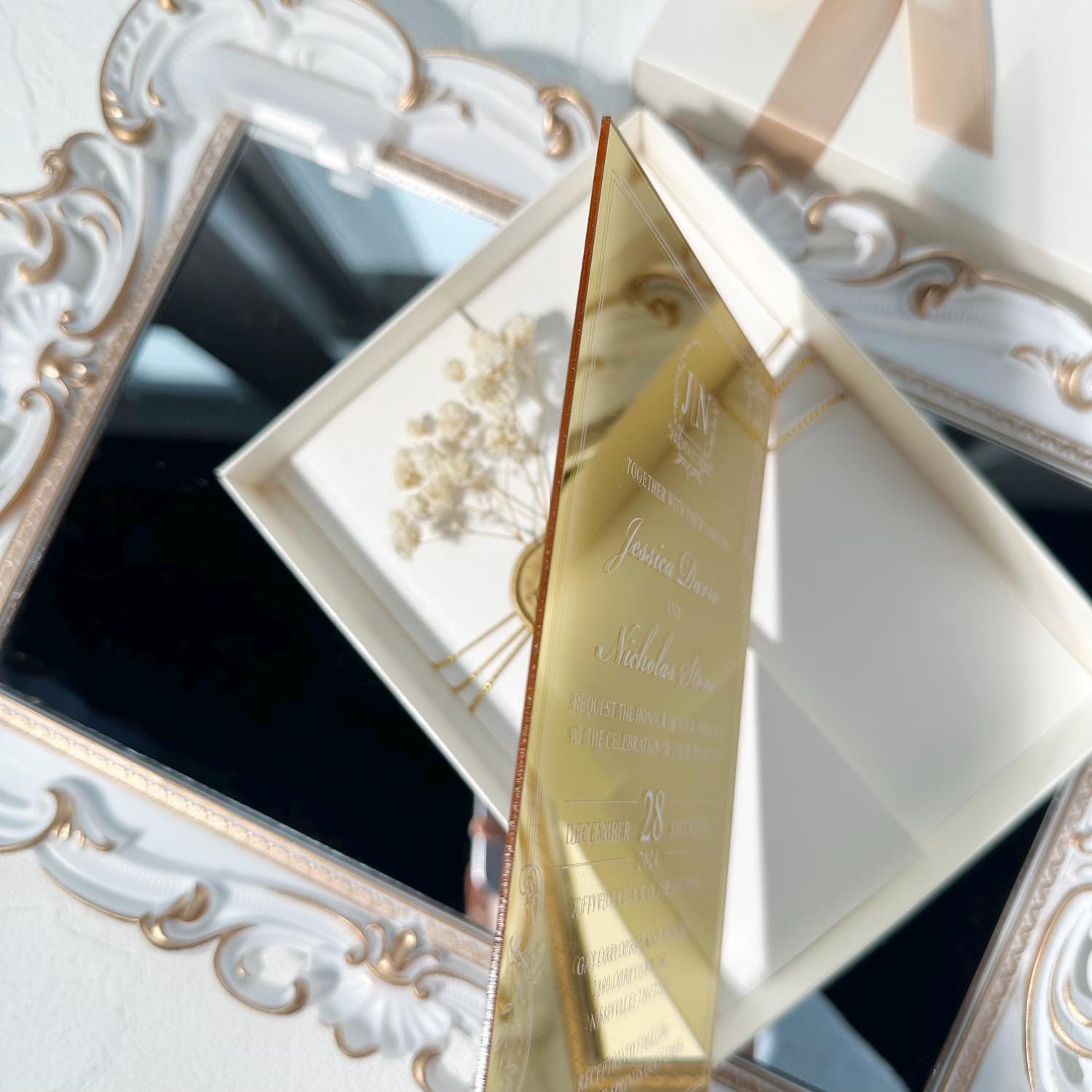 Mirror Gold Acrylic Wedding Invitation Set: Wax Seal & Botanies - Etsy