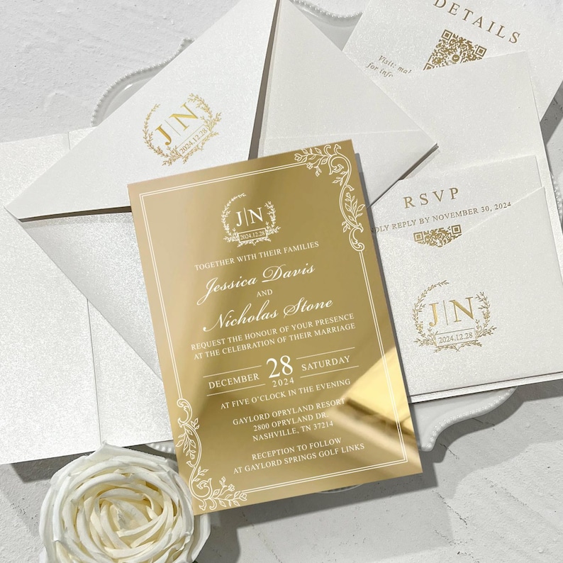 Gold Mirror Acrylic Wedding Invitation Set: Foil RSVP, Monogram - Etsy