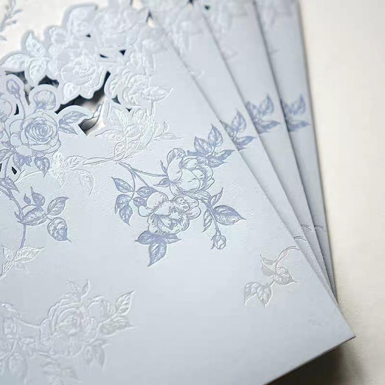 Pastel Blue Wedding Invitation: Laser Cut Floral Pocket, Customized - Etsy