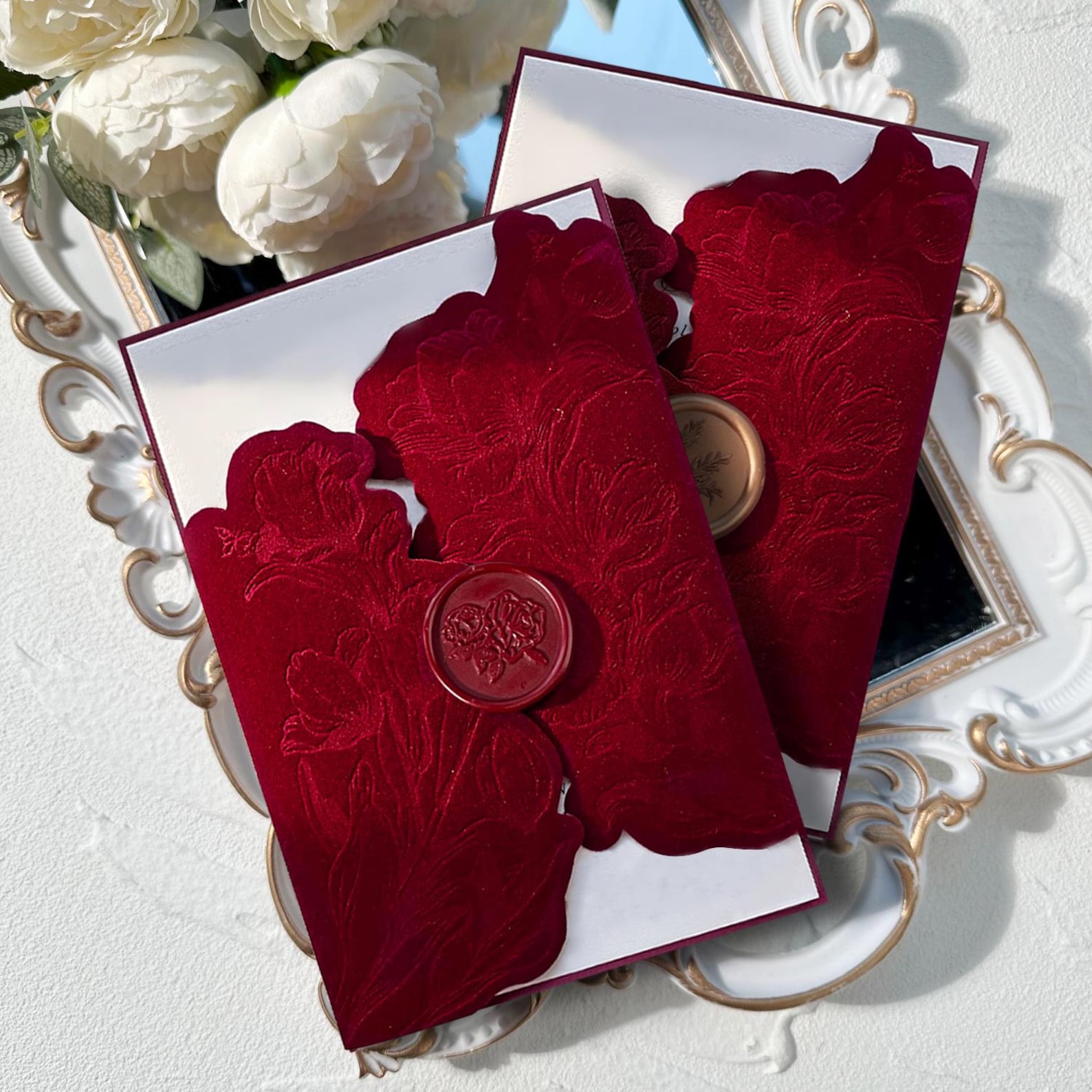 Burgundy Velvet Wedding Invitation Covers: Floral Wrap With Wax Seal - Etsy