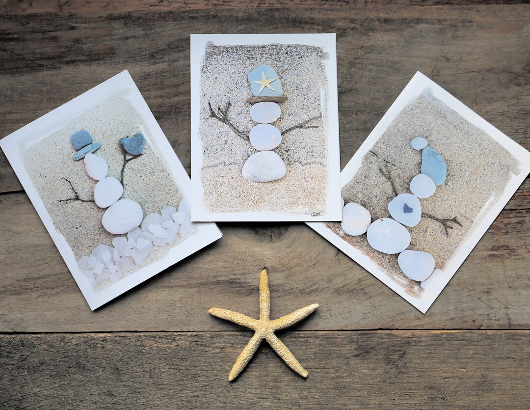 Snowmen Cards- Coastal Note Cards, Whimsical Snowman, Beach Stones ...