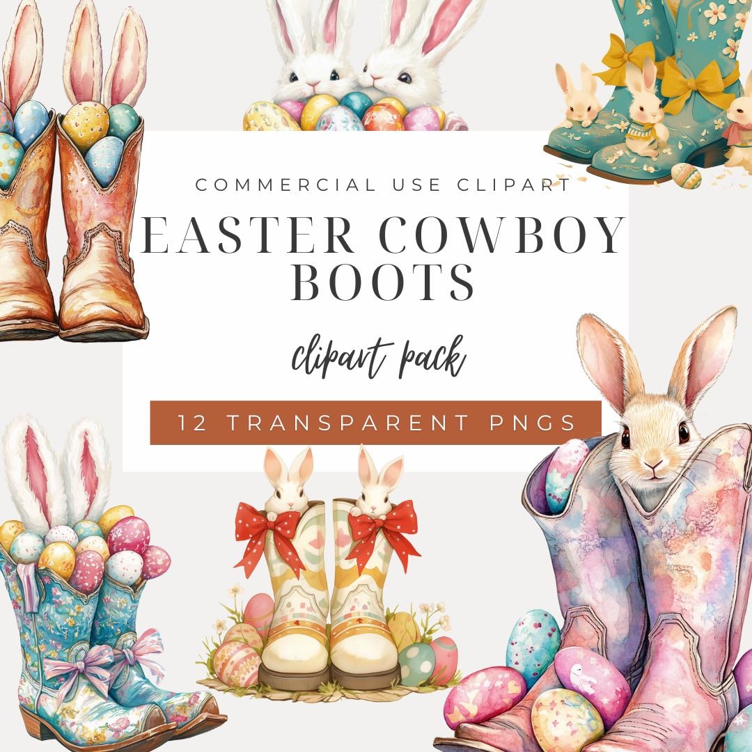 12 Cute Easter Cowboy Boots Clipart PNG With Baby Animals and Eggs ...