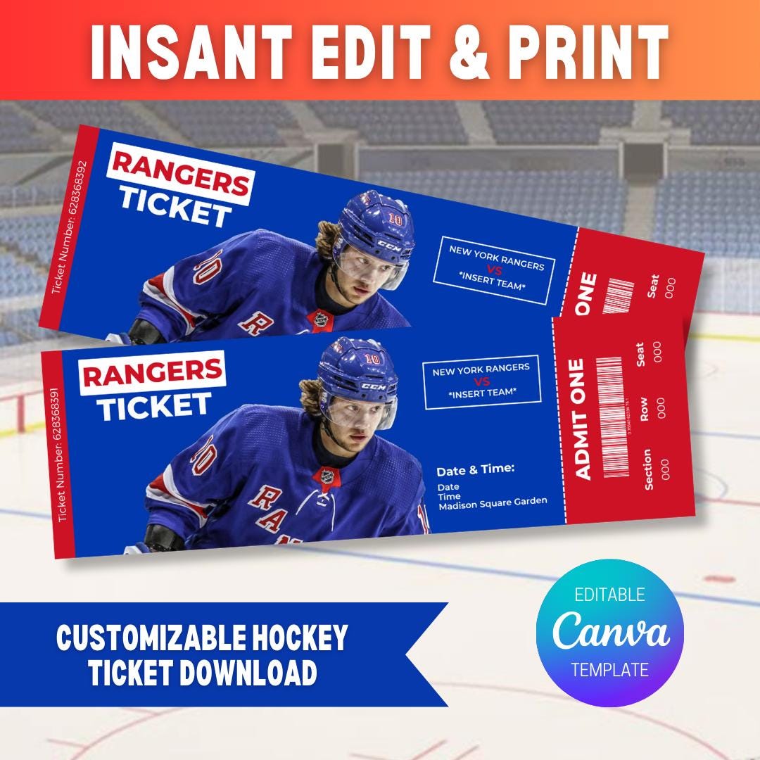 Printable Custom Rangers Hockey Tickets, Editable Sports Ticket Design ...