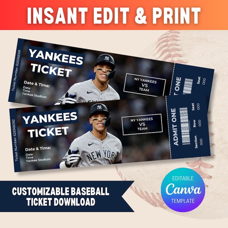 Printable Custom Baseball Tickets, Editable Sports Ticket Design, MLB ...