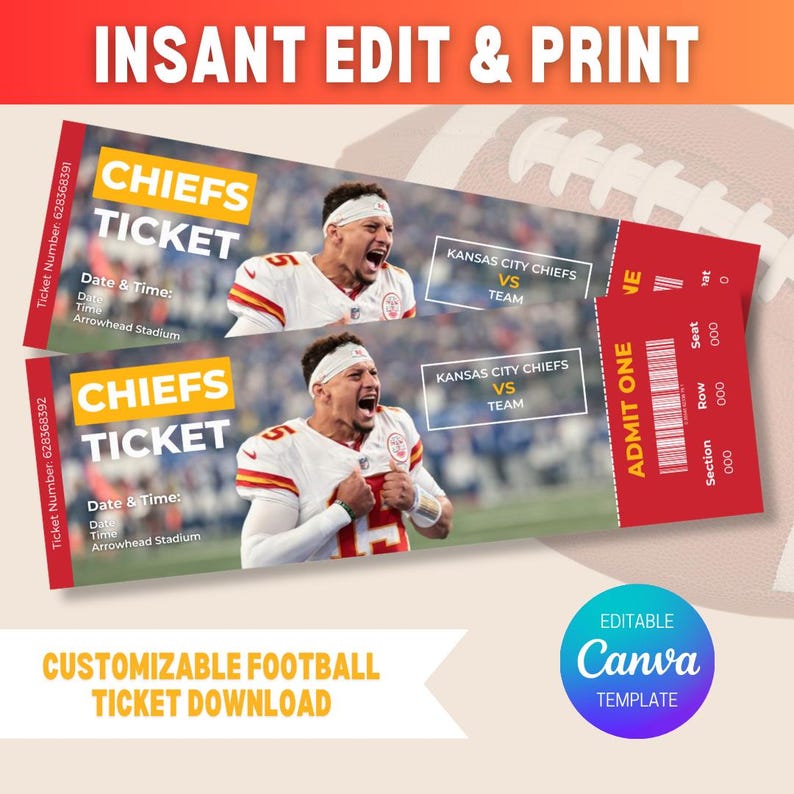 Printable Custom Football Ticket, Editable NFL Ticket Template, Sports ...