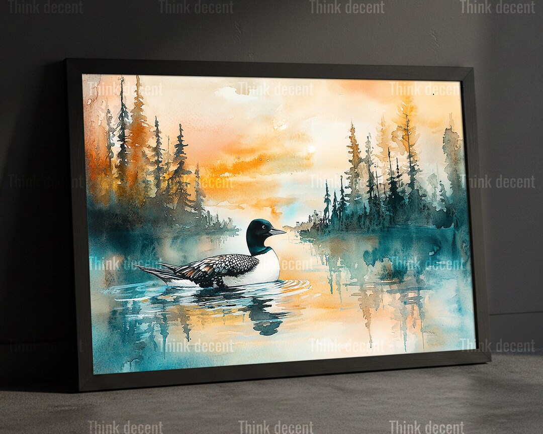 Loon Watercolor Wall Art Print, Common Loon Lake Sunset Poster, Teal ...