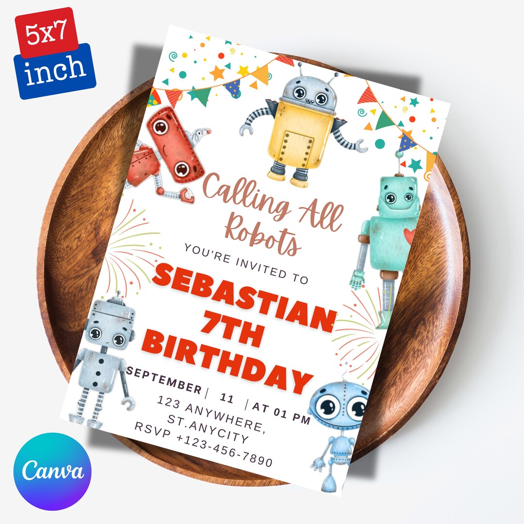 Editable Robot Birthday Invitation Template, Robot Birthday Invitation ...